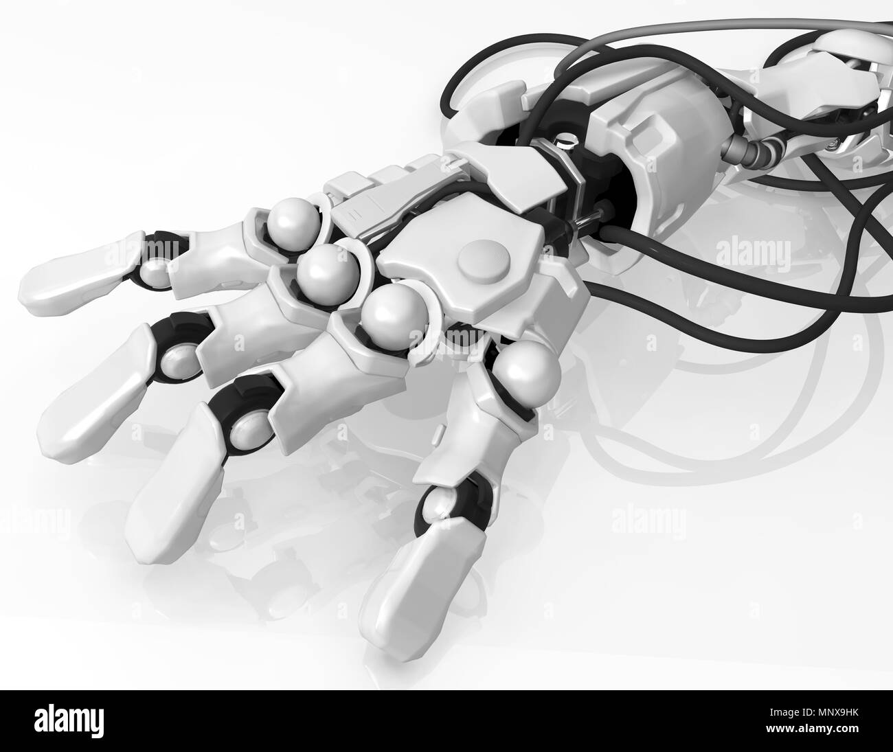 Robotic arm cables connected 3d illustration, horizontal, reflective ...