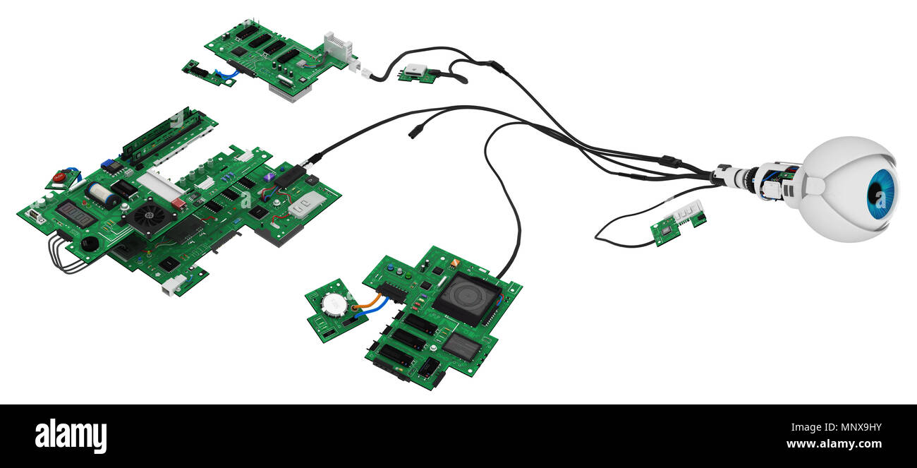 Robotic eyeball with electronic circuits 3d, isolated, over white Stock ...