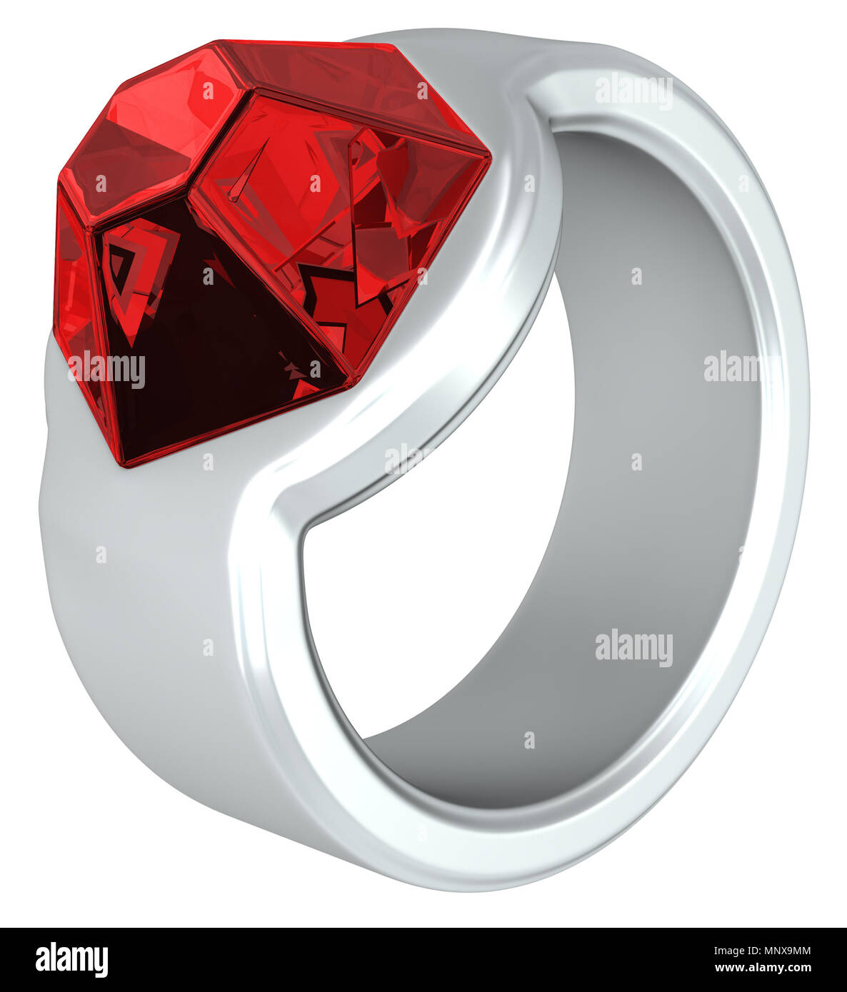 Ruby jewel ring silver metal 3d illustration, vertical, texture ...