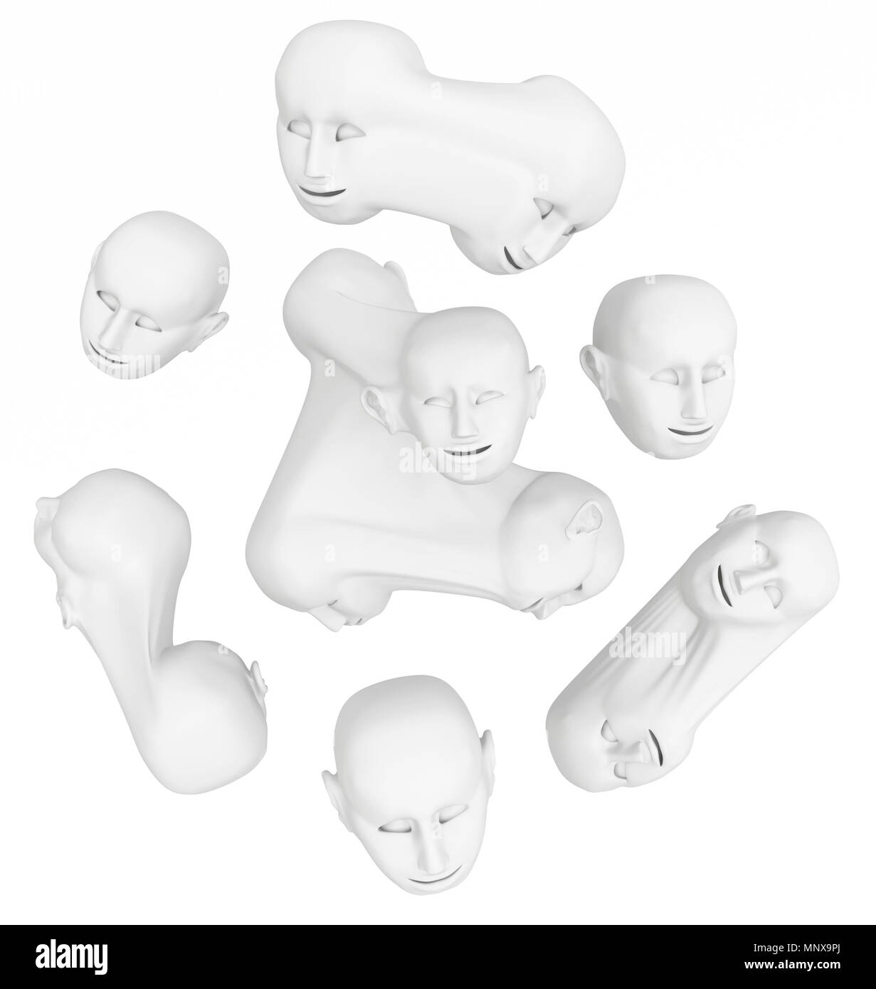 Sculpture heads white melting soft blobs, 3d illustration, horizontal ...