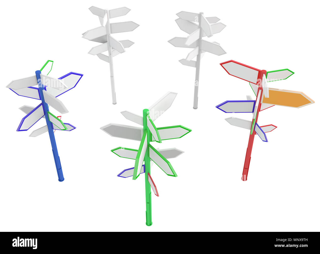 Direction signposts group, isolated, 3d illustration, horizontal, over ...