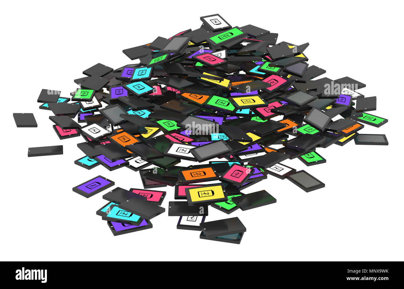 Smart phones discarded cartoon pile, 3d illustration, horizontal, over ...