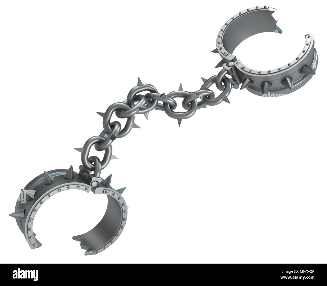 Shackles spiky chain, dark metal 3d illustration, isolated, horizontal ...