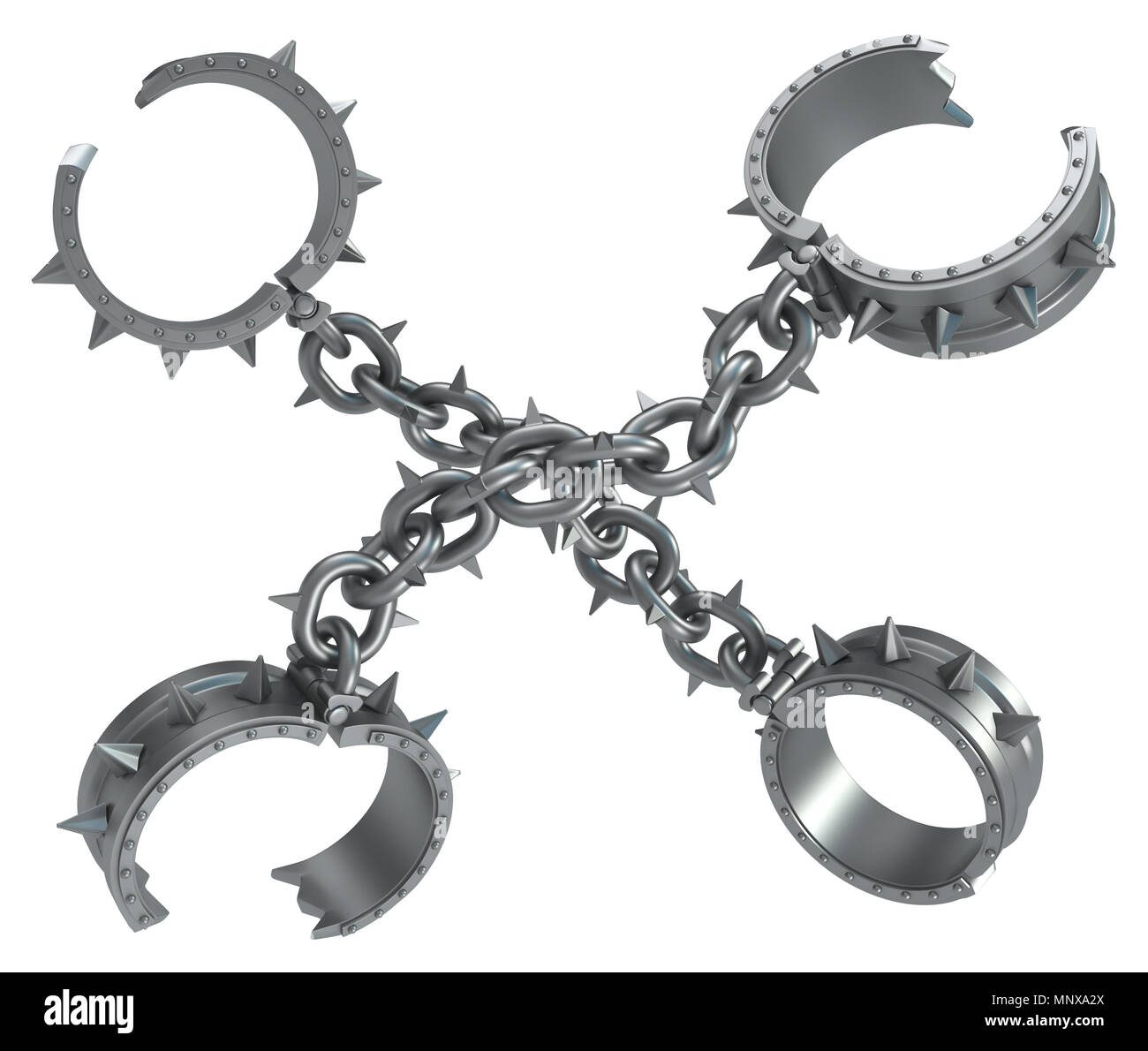 Shackles spiky chains crossed, dark metal 3d illustration, isolated ...