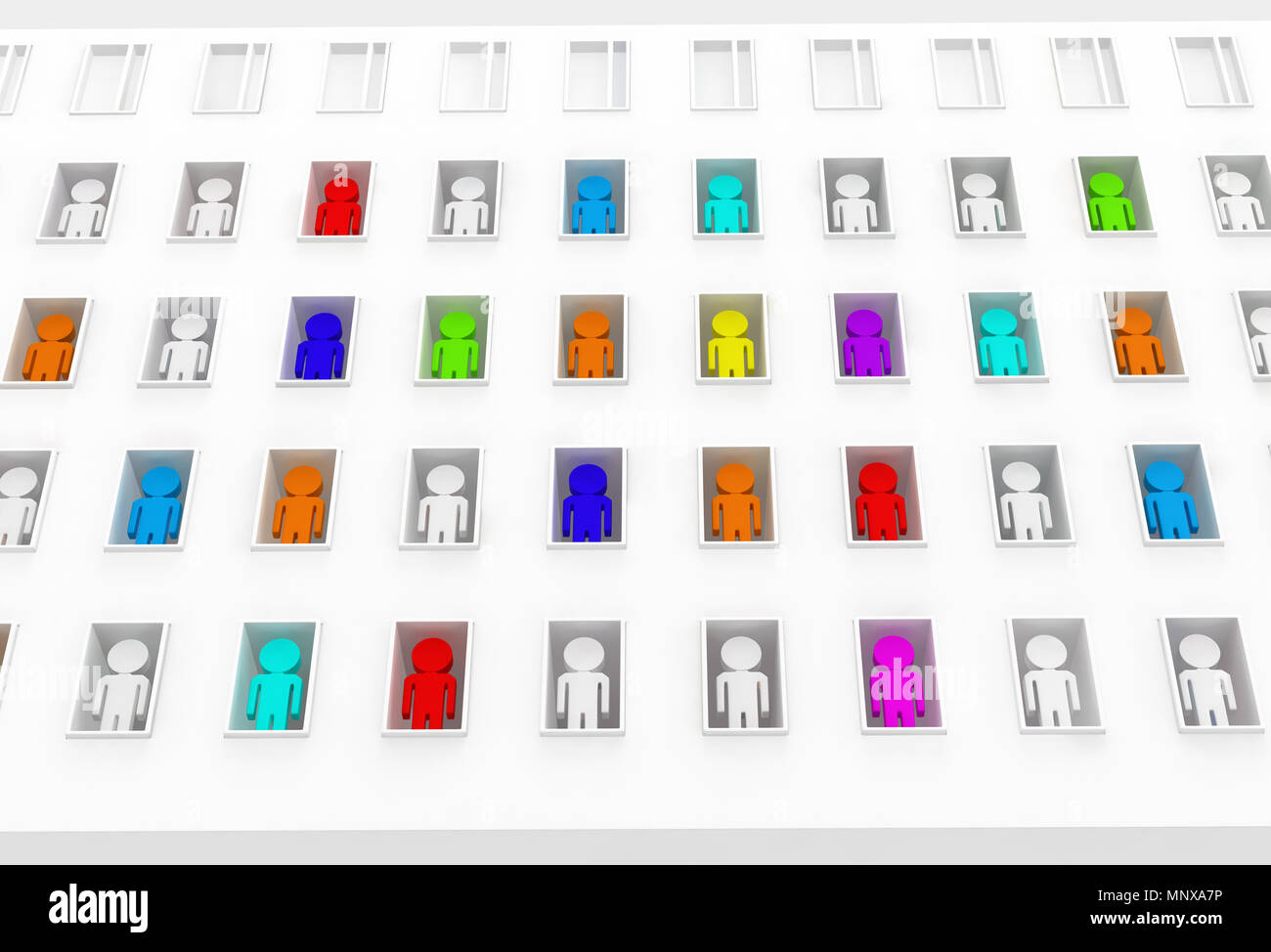 Building facade color people symbol rooms, 3d illustration, horizontal ...