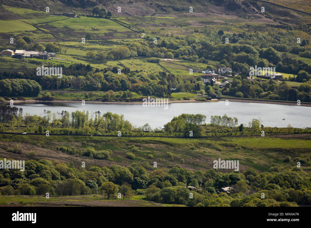 Delph reservoir, Bolton and a view of the West Pennine Moors showing ...