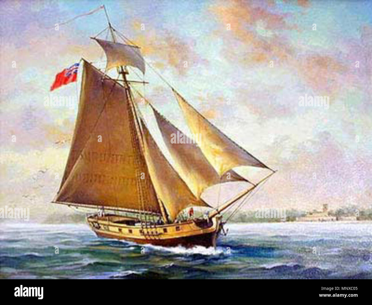 . English: This English supply ship, the sloop Industry, owned by the ...