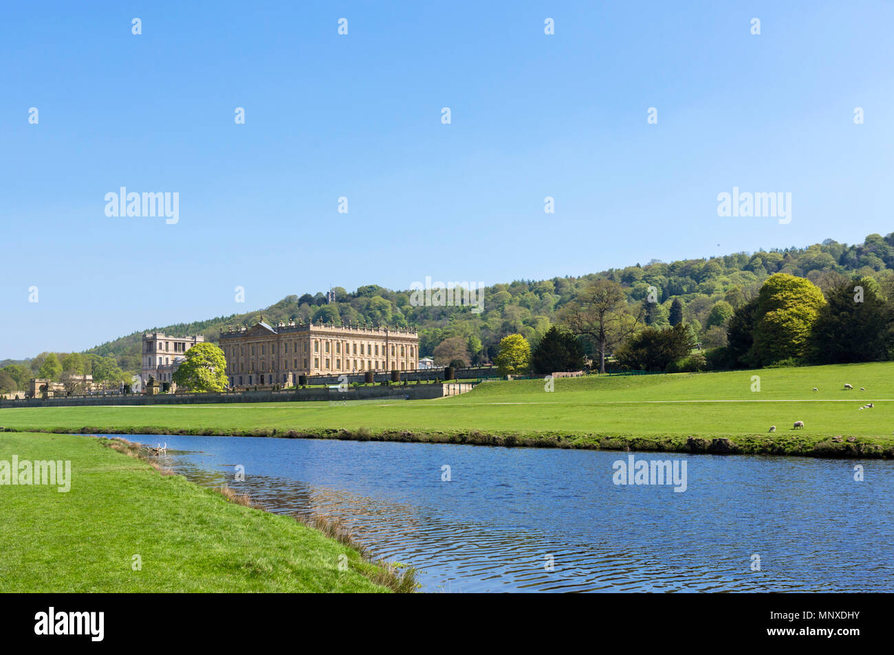 Chatsworth House from the banks of the River Derwent, Chatsworth Park ...
