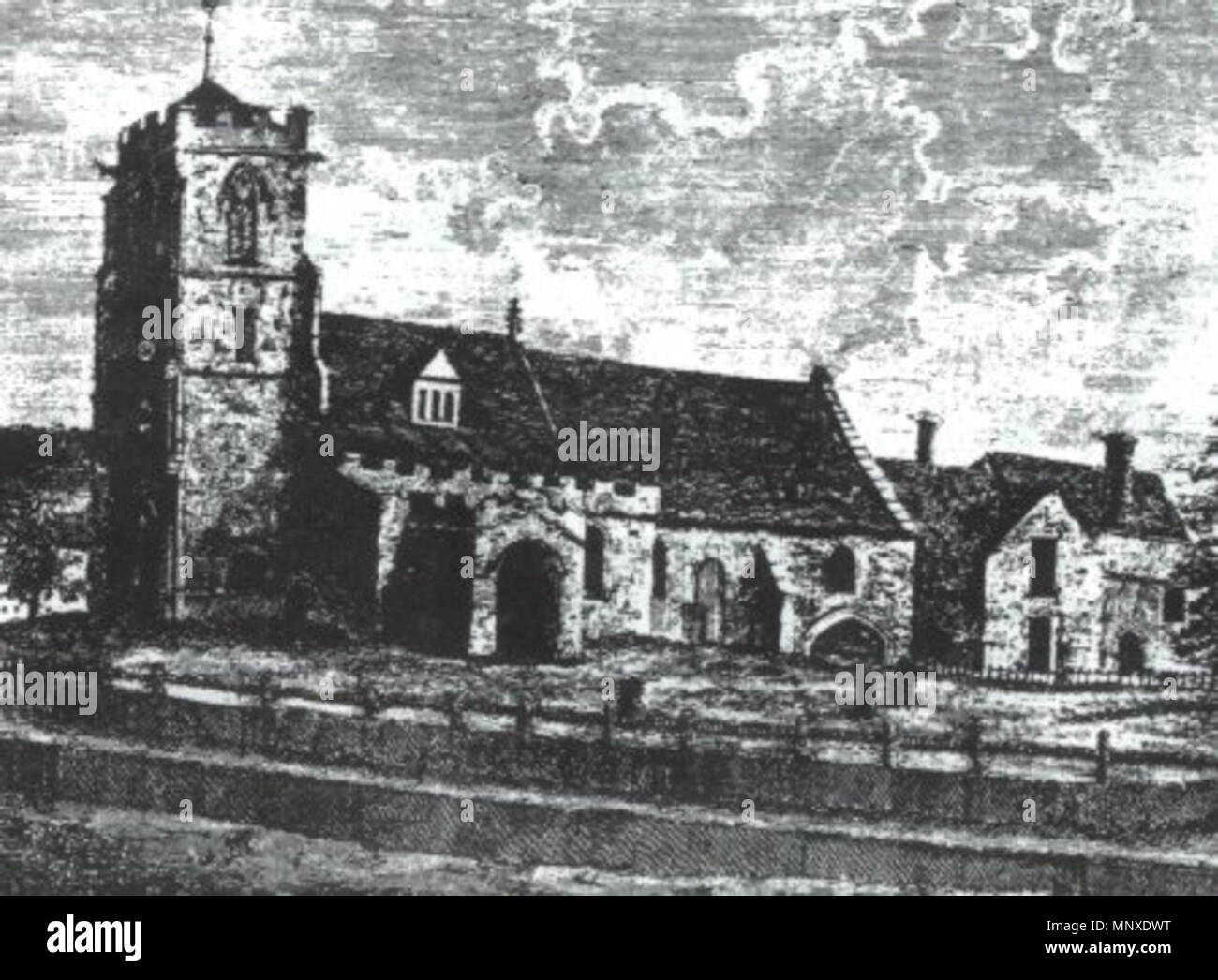 . English: St. Mary's Church, Aldridge, England, depicted before 1800 ...