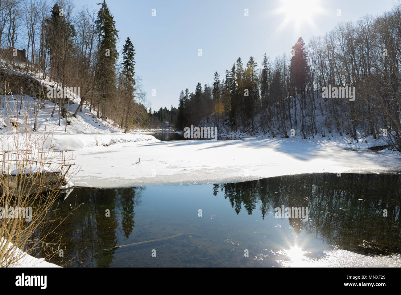 Spring and landscape of the lake with trees and snow Stock Photo - Alamy