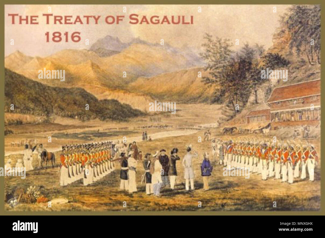 . English: Bhimsen Thapa's Gorkha troops, right, at Segauli, 1814, with ...