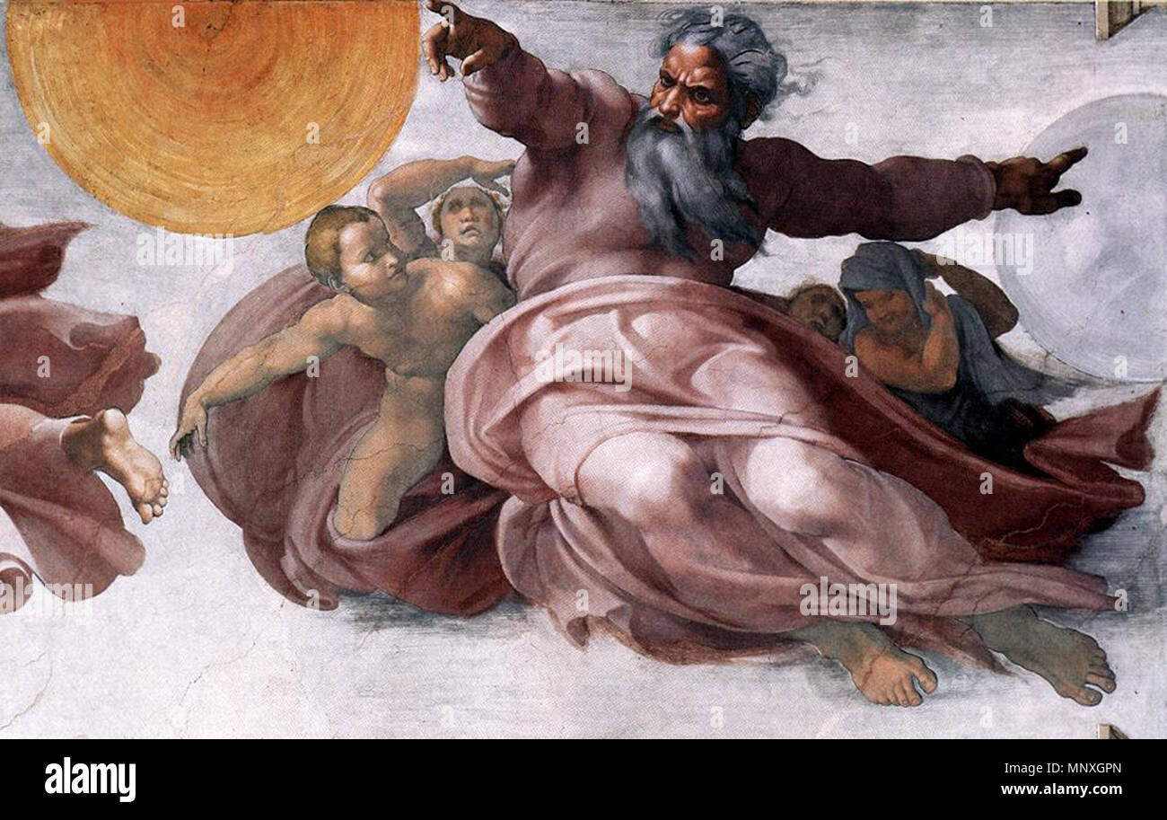 English: Creation of the Sun, Moon, and Plants (detail) 1511. 1151 Sun ...