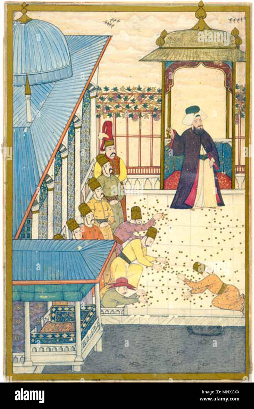 . Sultan Ahmed III scattering golden coins on the terrace of the Fourth ...