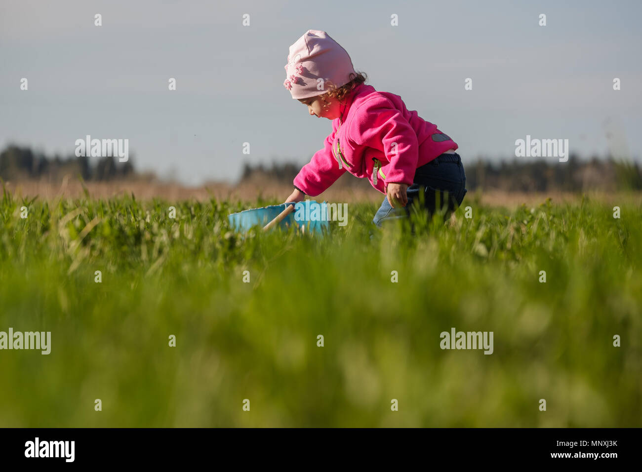 little child is working in the green field Stock Photo - Alamy