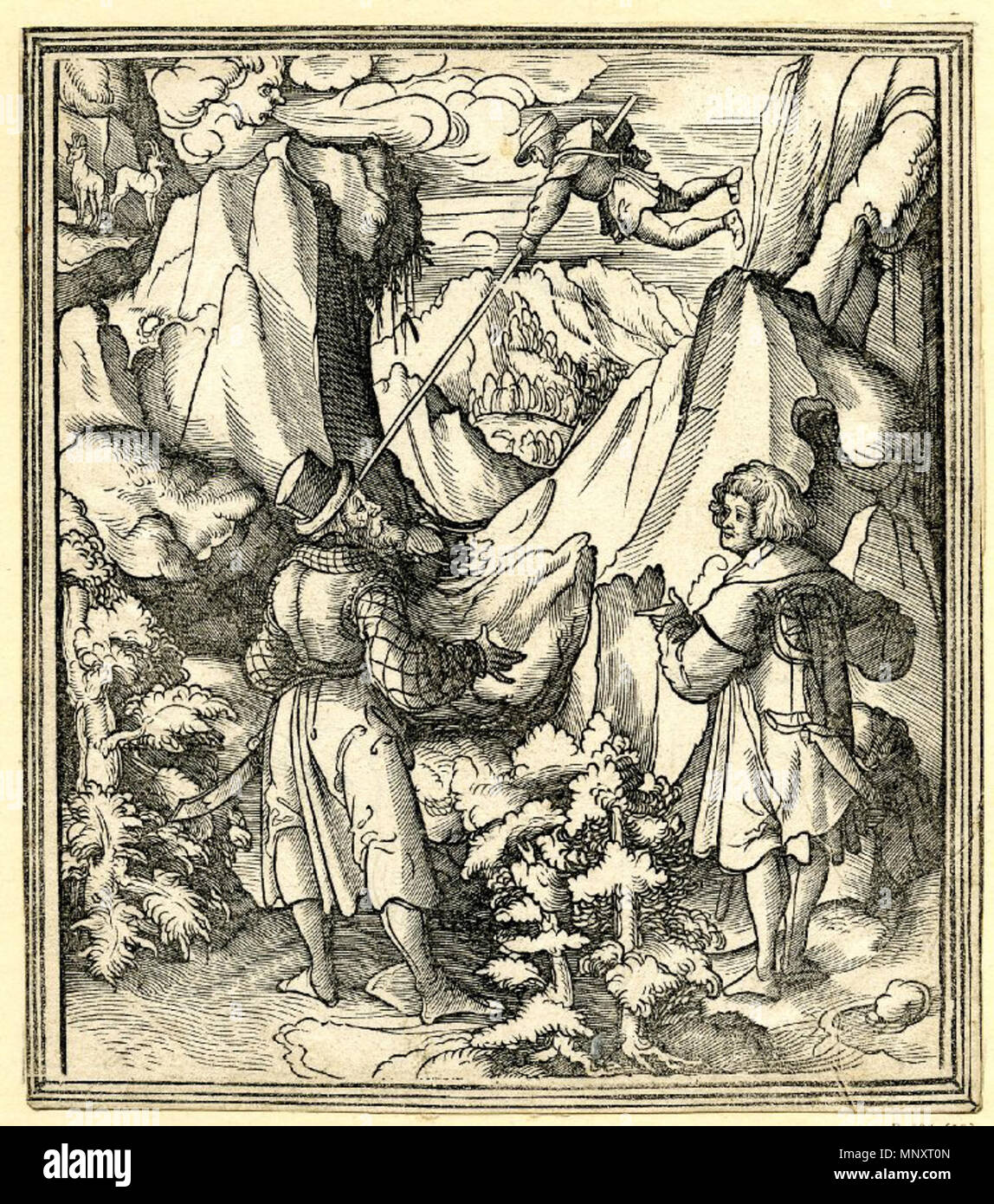. English: Theuerdank on a chamois hunt endangered by a gust of wind ...