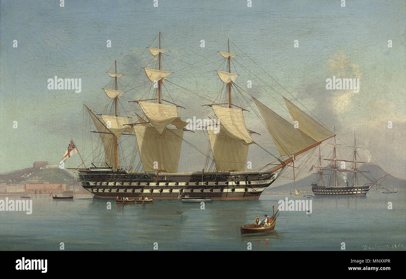 H.M.S. Neptune funnel down and drying her sails off Naples, with the ...