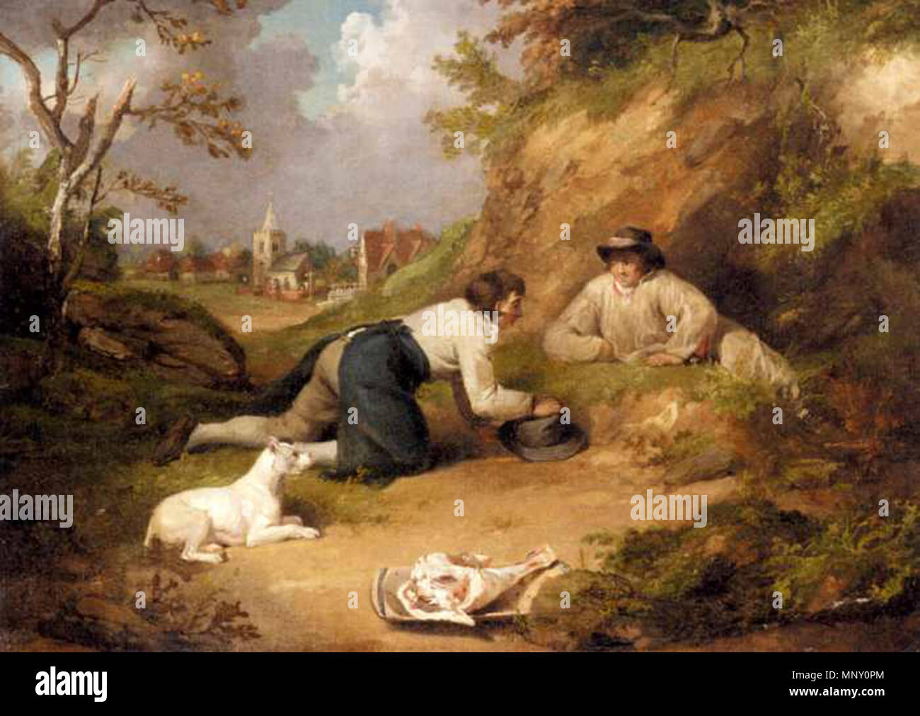 Two Men Hunting Rabbits With Their Dog, A Village Beyond . 1209 Two men ...