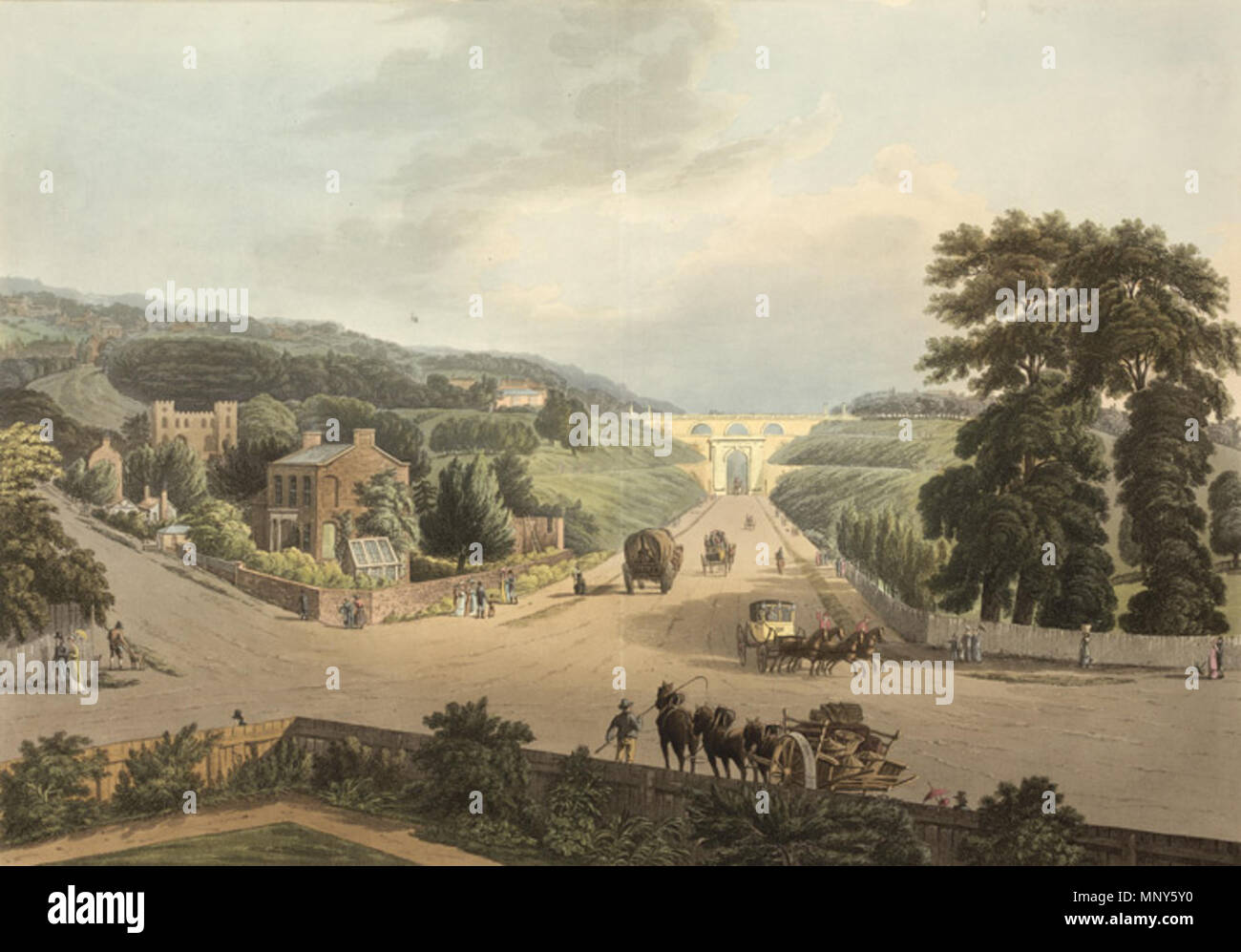 . English: Aquatint, coloured, showing Highgate archway. 'The Highgate ...