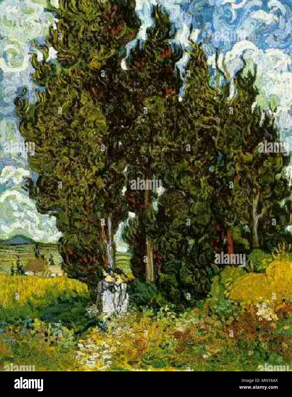 Cypresses with two figures . English: Oil painting reproduction of Vincent van Gogh . June 1889 ...