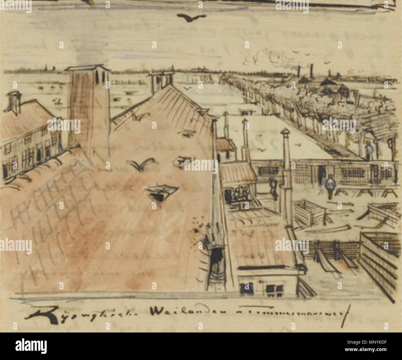 English: Sketch of Rooftops in letter 251 July 1882. 1238 Vincent van ...