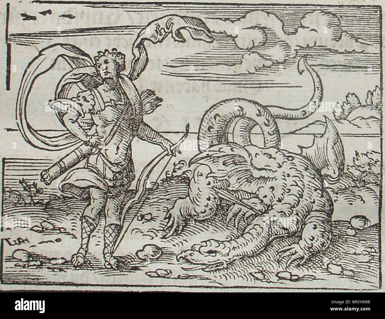 . English: Apollo kills Python. Engraving by Virgil Solis for Ovid's ...