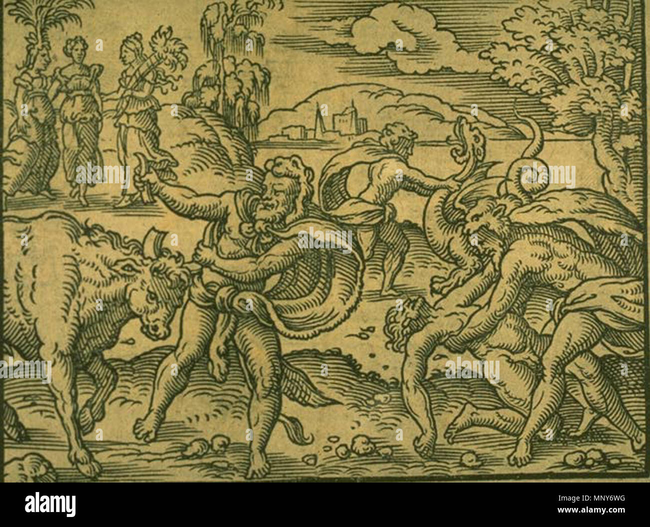 . English: Hercules and Achelous. Engraving by Virgil Solis for Ovid's ...