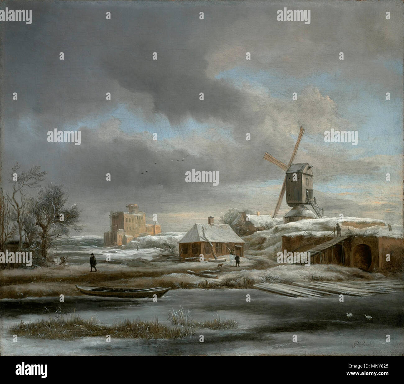 English: Winter landscape with windmill and a house in scaffolding ...