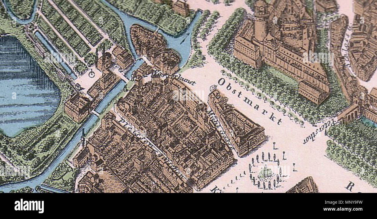 . Standort der Wasserkunst in Leipzig auf einem Stadtplan von 1847 ...