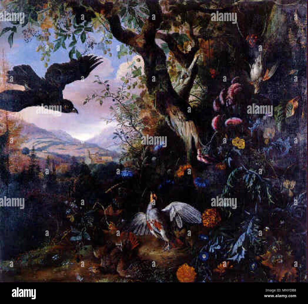 Landscape with drugged birds in the flowers and underbrush of a wood ...