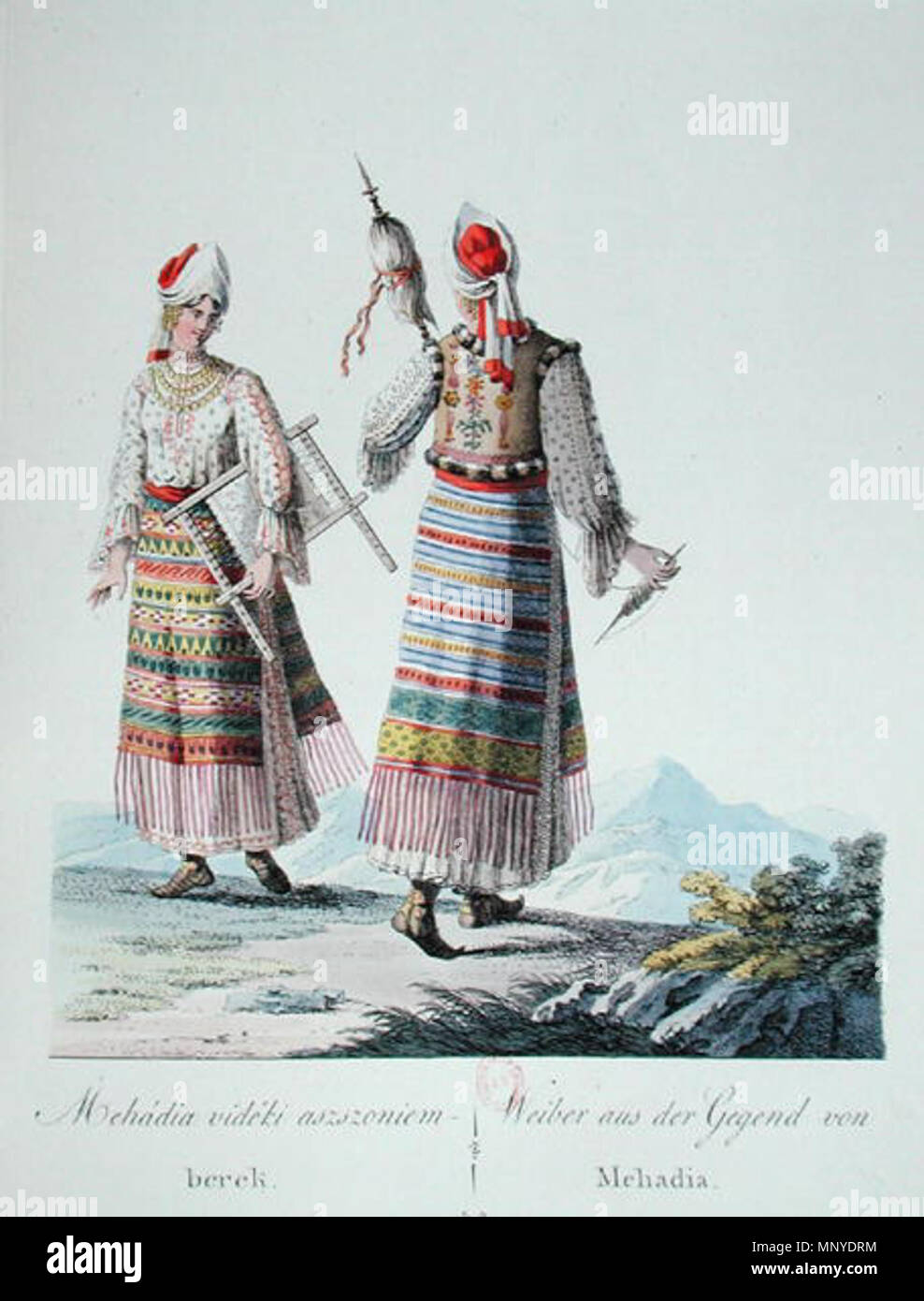 . Women in traditional dress of the Mehadia region, illustration from a ...