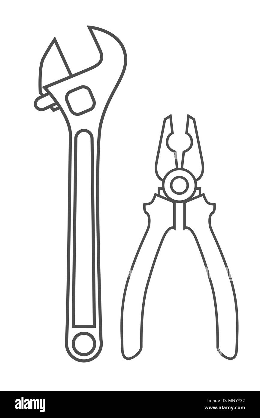 Set of tools, pliers and adjustable wrench vector sketch. Doodle ...
