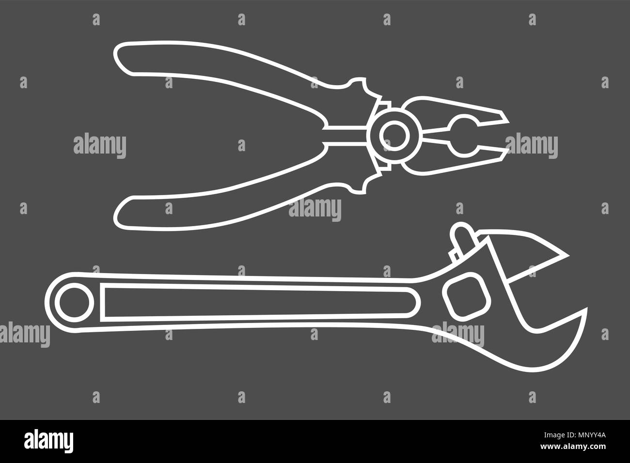 Hand drawn set of tools, pliers and adjustable wrench vector sketch ...