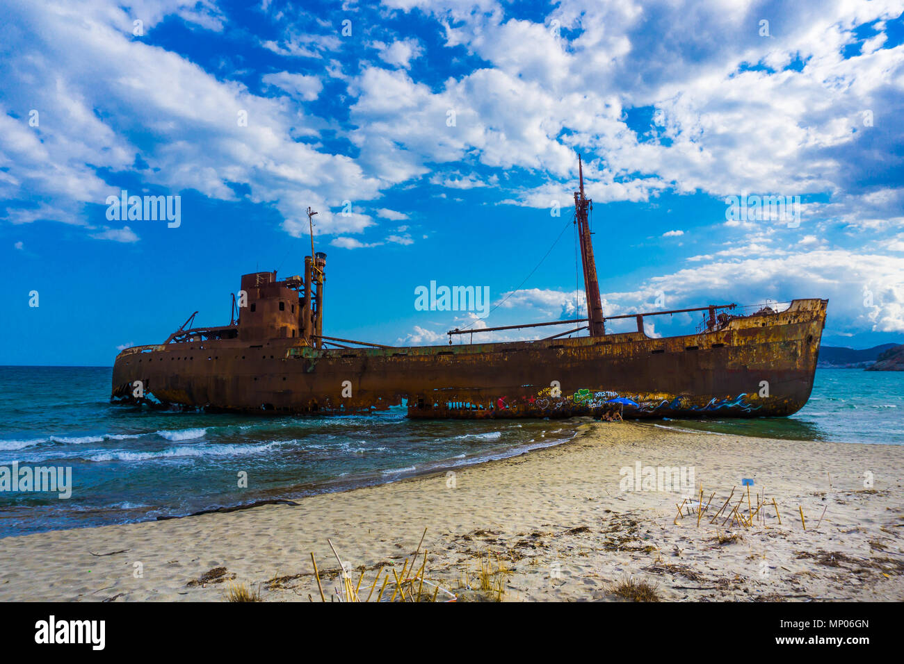 The famous, old and rusty shipwreck Agios Dimitrios in Gythio of ...