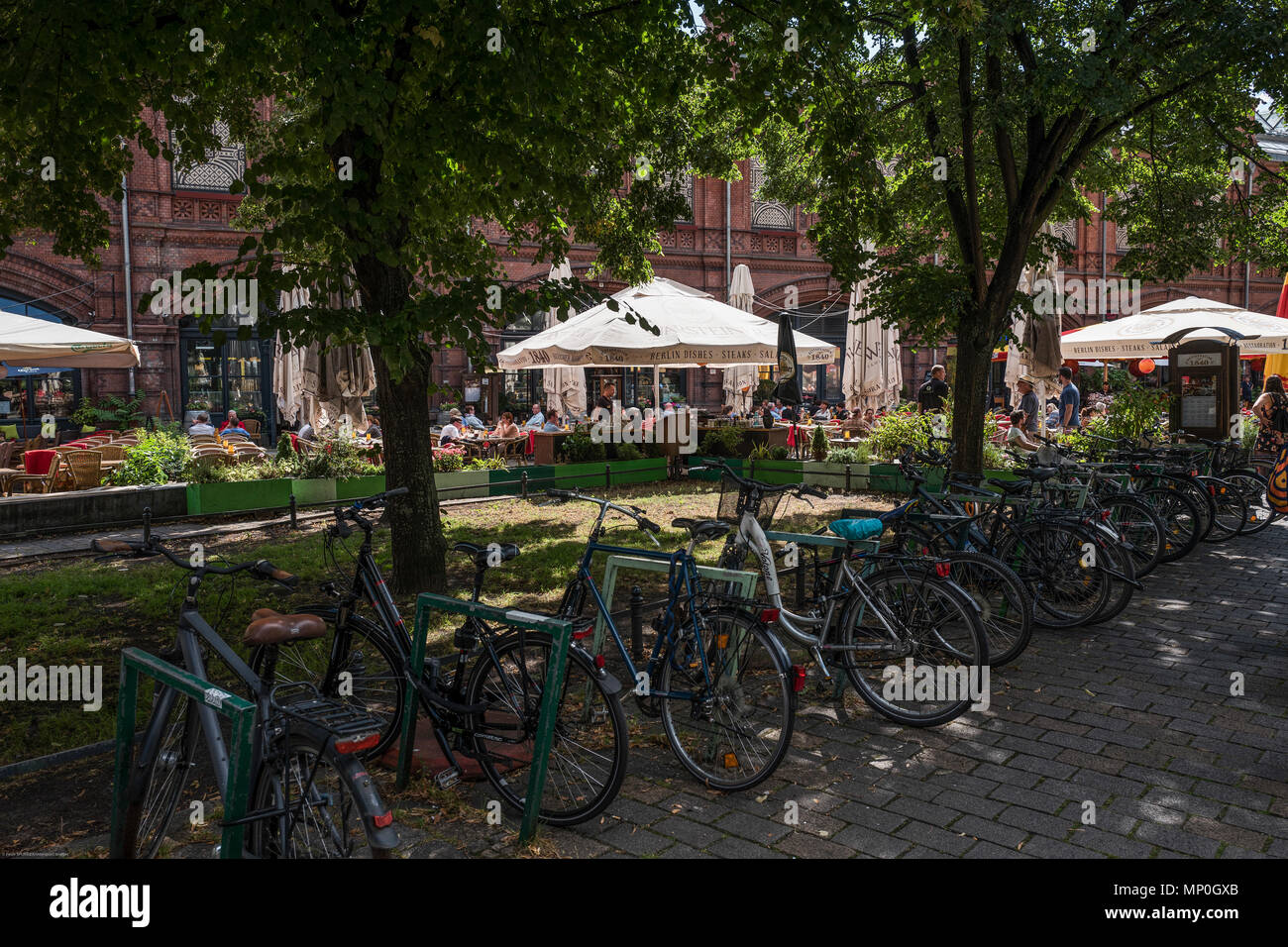 Berlin, Germany. Hackescher Markt area open-air Restaurants, Parasols ...