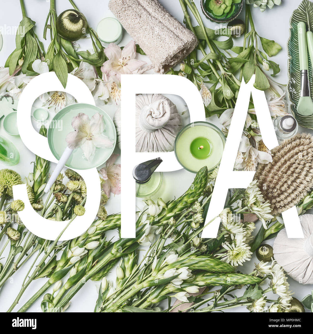 Word SPA made of paper on green wellness background . Creative layout ...