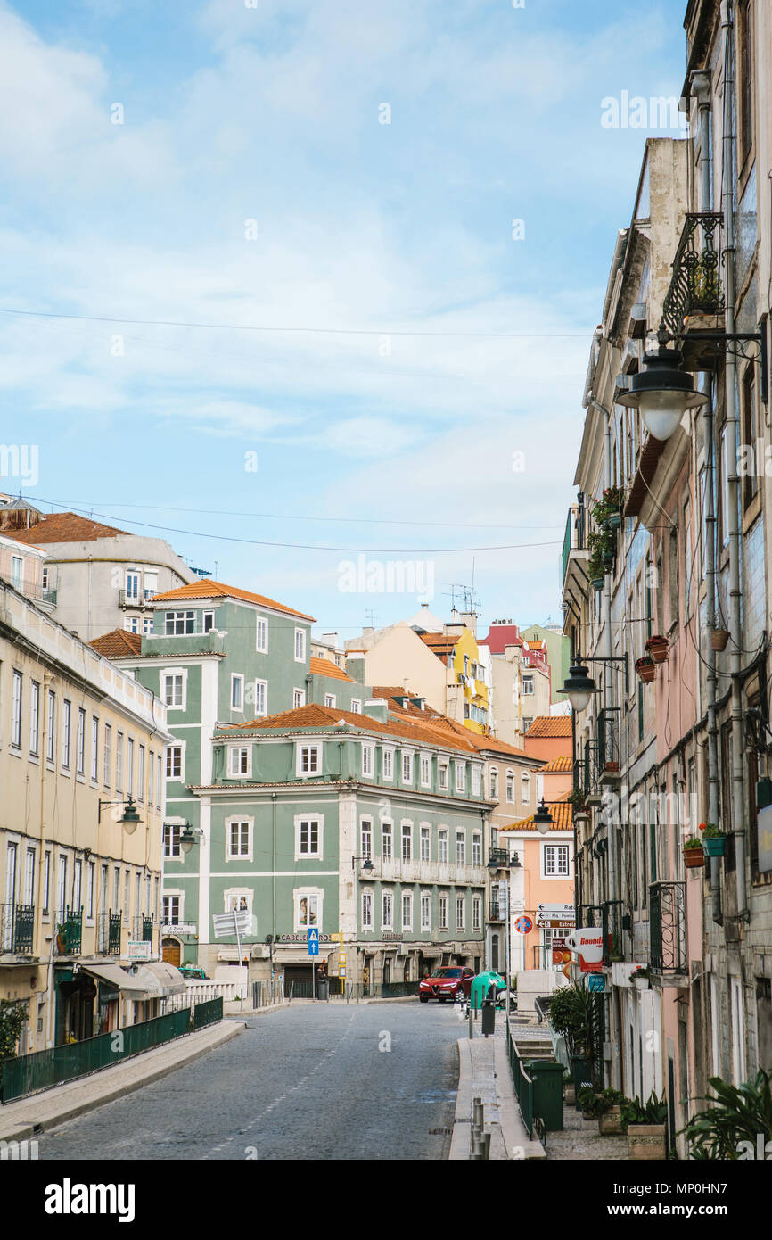 Lisbon, may 1, 2018: an Ordinary city street with residential buildings ...