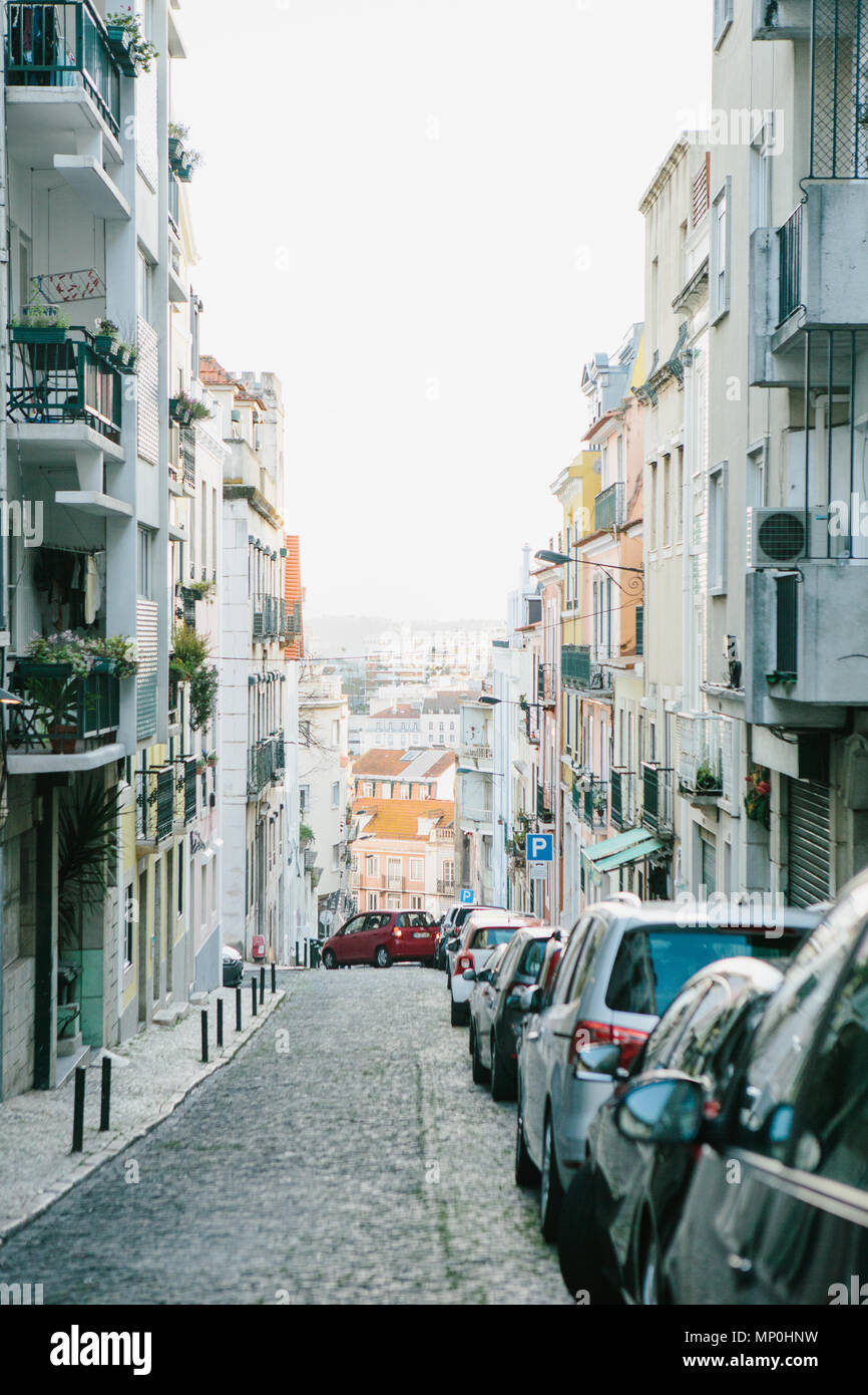 Lisbon, may 1, 2018: an Ordinary city street with residential buildings ...