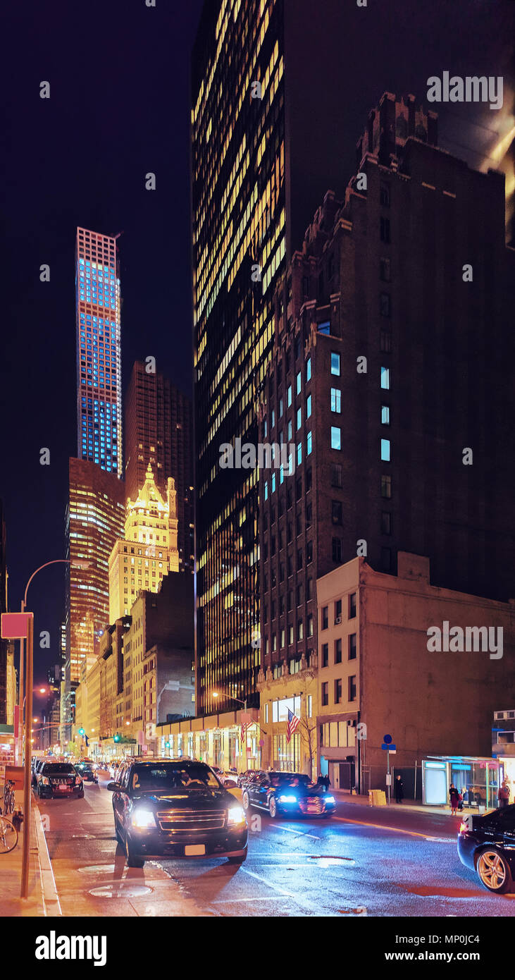 West 43rd Street in Midtown Manhattan, New York, the USA. Late at night ...
