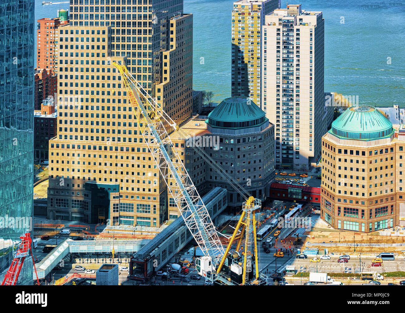 Construction work among the glass skyscrapers in downtown in New York ...