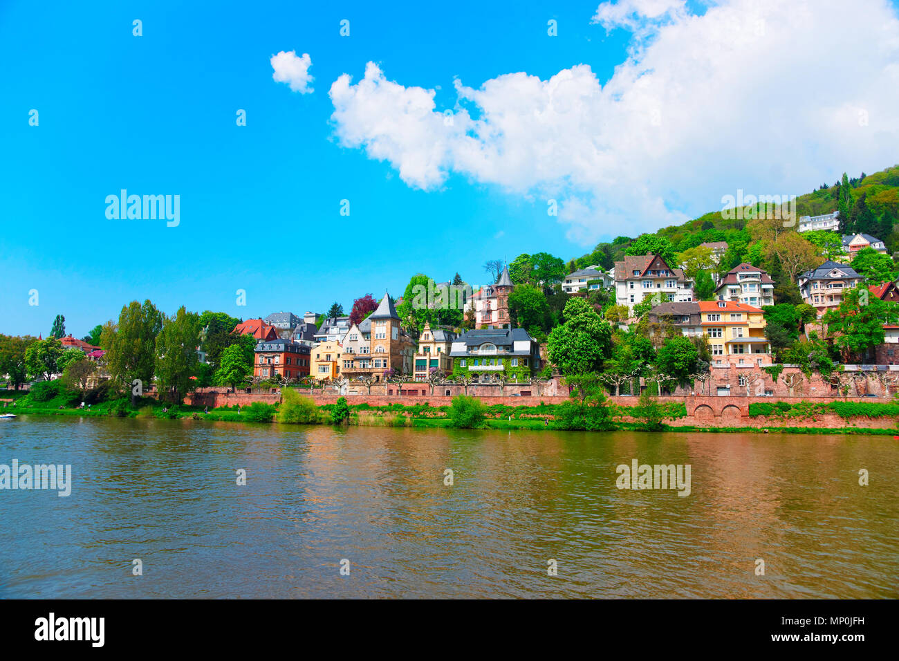 Landscape aтв Neckar river and quay of european city in summer ...