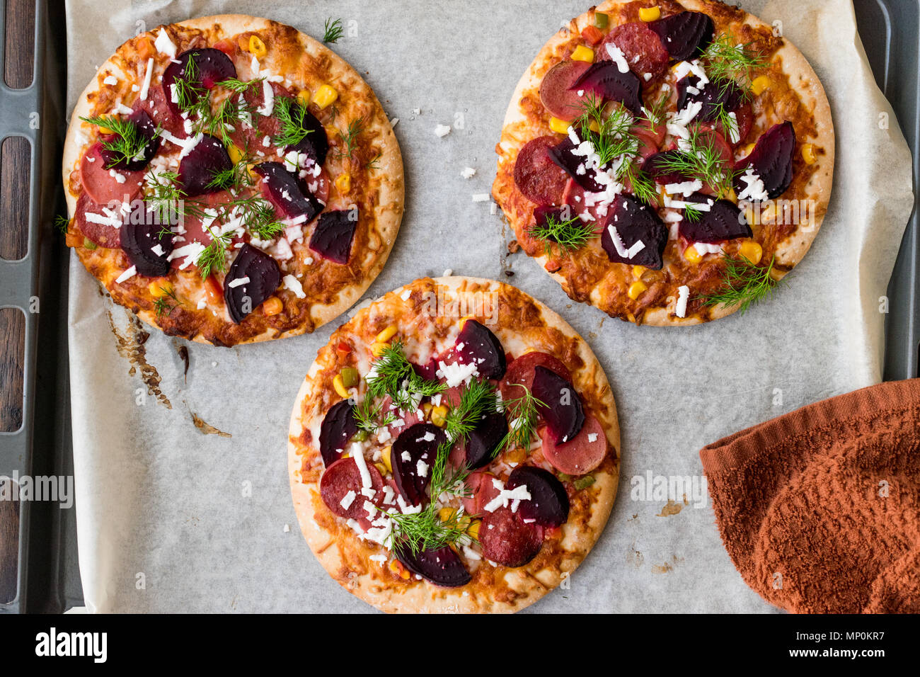 Mixed Pizza with Beetroot Ready to Eat. Fast Food Stock Photo - Alamy