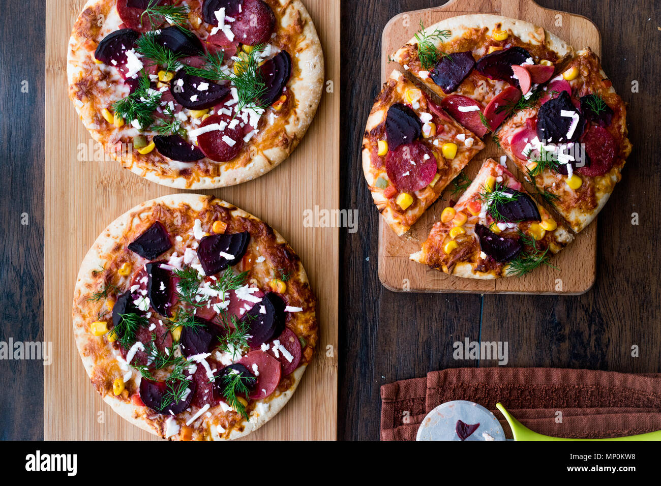 Mixed Pizza with Beetroot Ready to Eat. Fast Food Stock Photo - Alamy