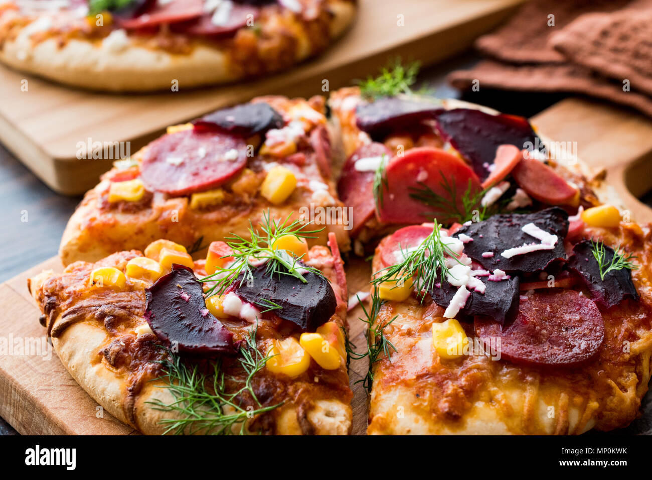 Mixed Pizza with Beetroot Ready to Eat. Fast Food Stock Photo - Alamy