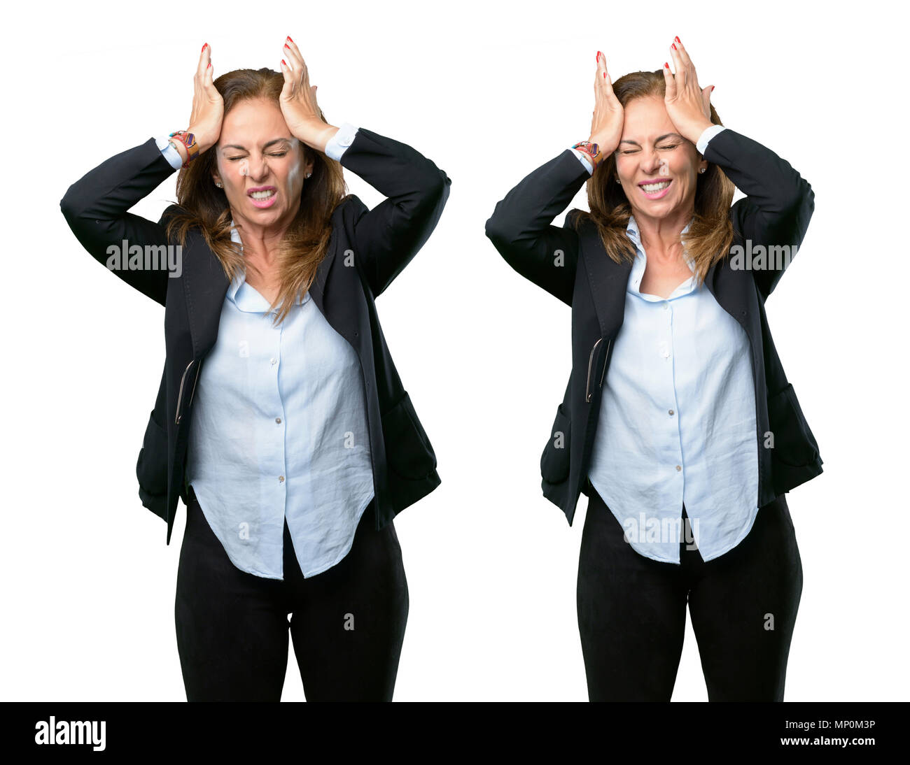 Middle age business woman terrified and nervous expressing anxiety and ...