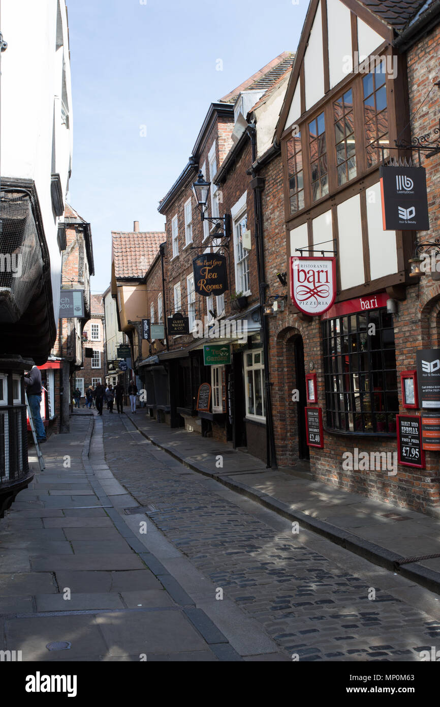 The Shambles, York, England, UK. A narrow, medieval shopping street in ...