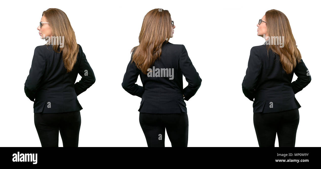 Middle age business woman backside, rear view over white background ...