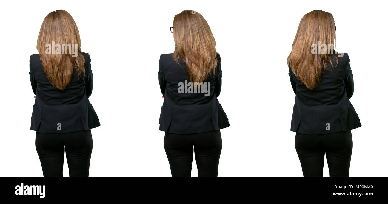 Middle age business woman backside, rear view over white background ...