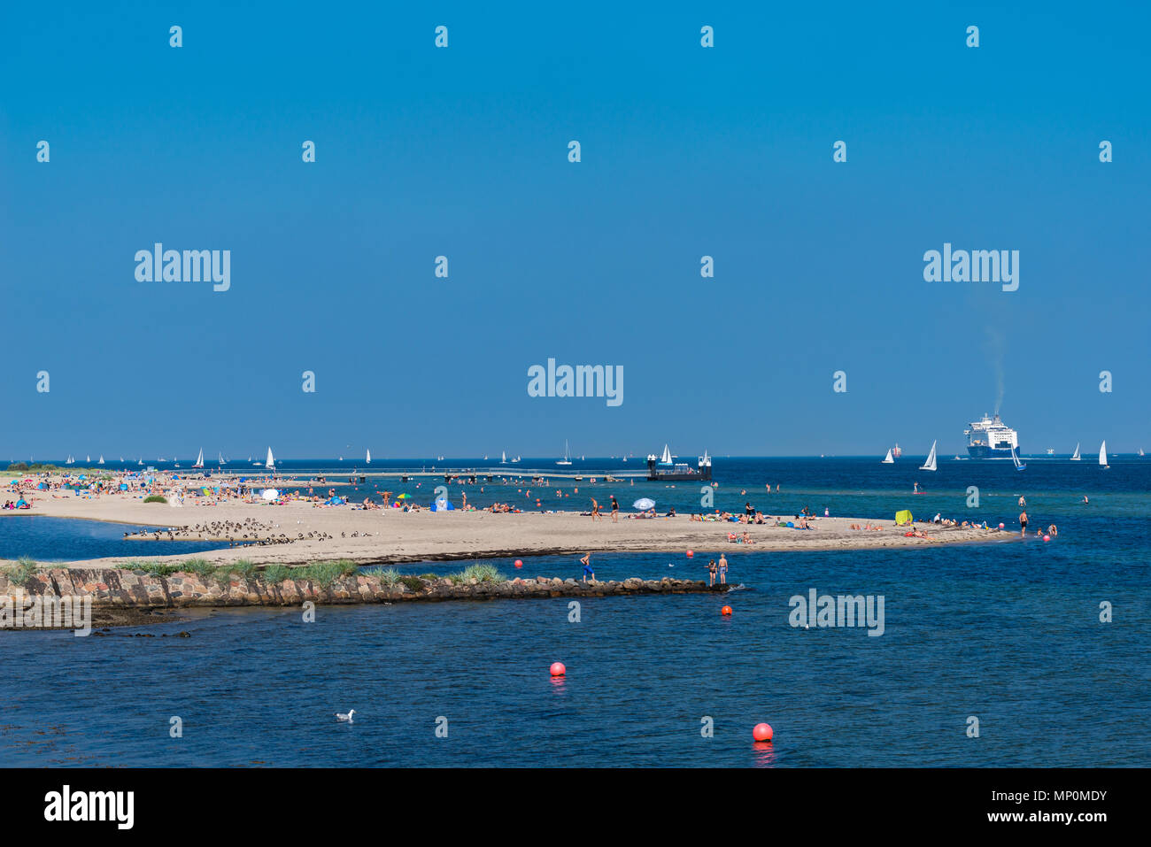 Relaxing on a hot summer day at the beach "Falkensteiner Strand", the ...