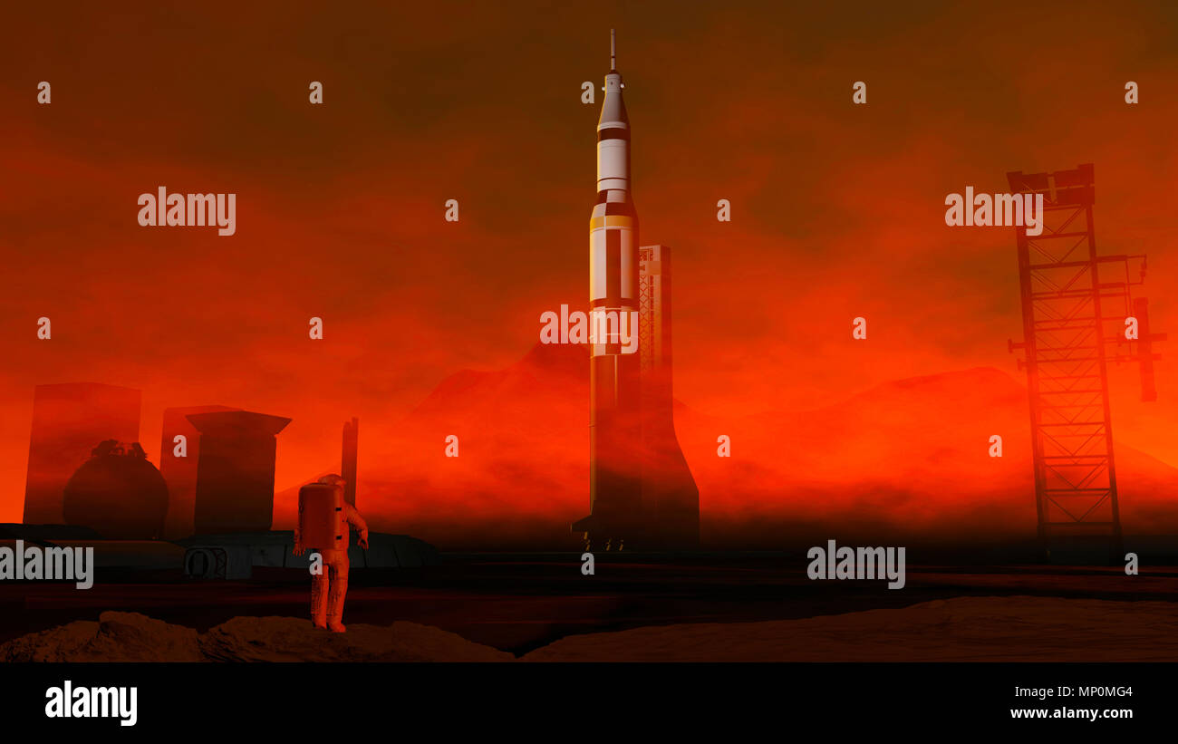 Astronaut on the ground of Mars. Colonization, space base. Planet Mars ...