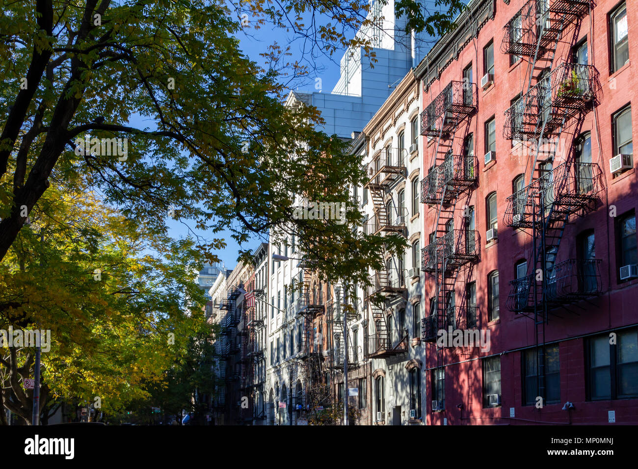 Colorful block of old buildings in the East Village of Manhattan in New ...